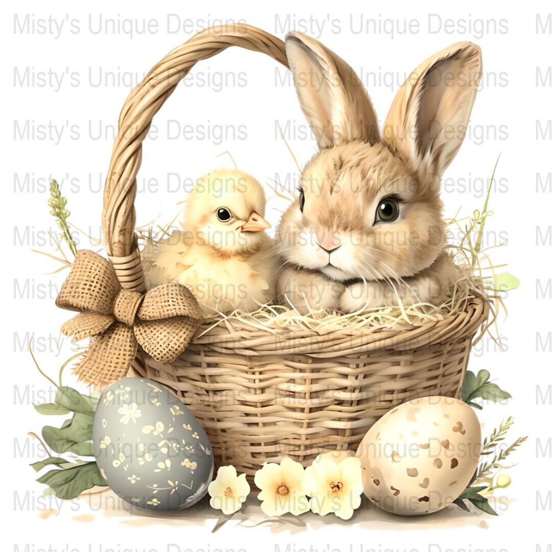 Cute Easter Bunny and Chick in Basket Clipart, Spring Holiday Digital ...