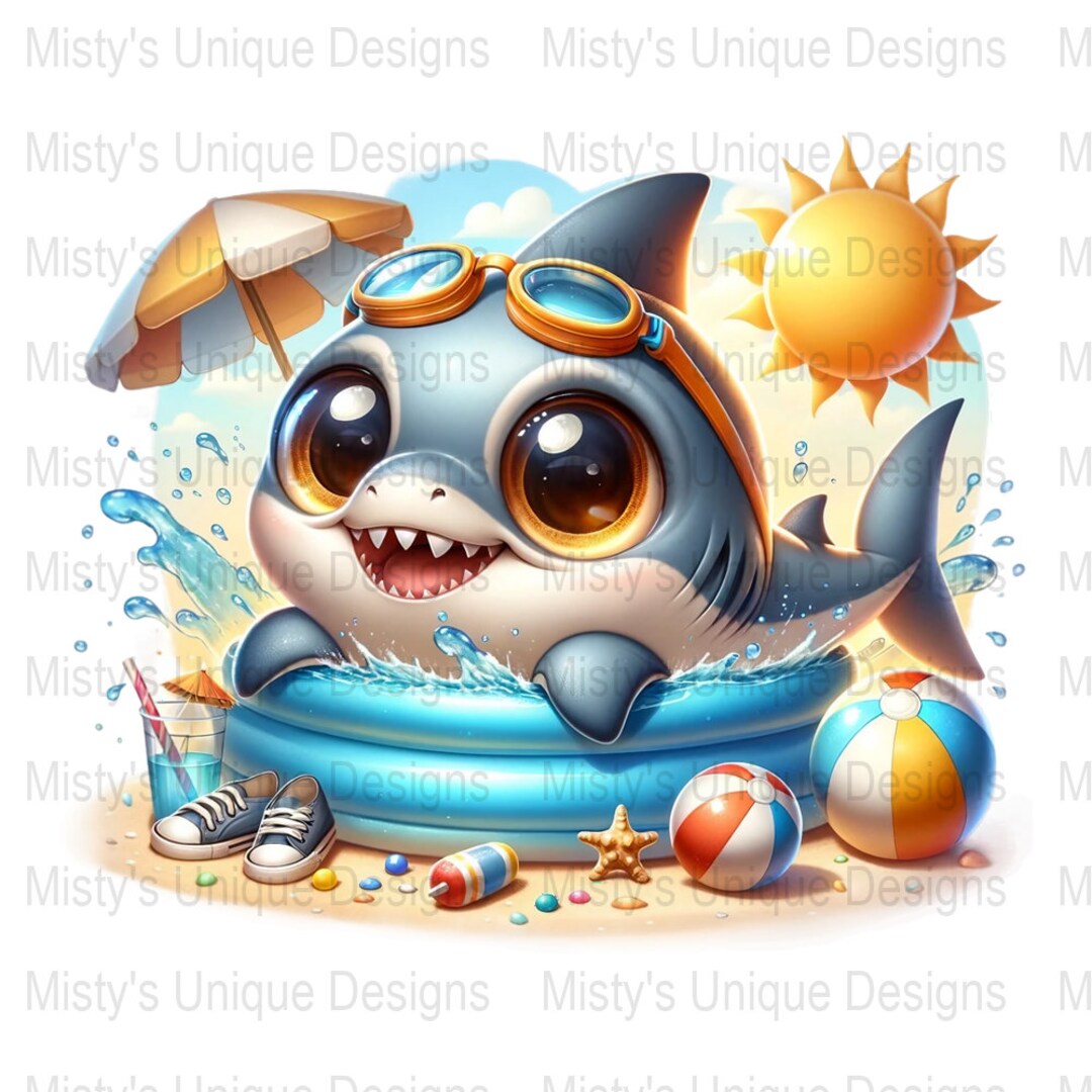 Cute Baby Shark Digital Download Clipart, Summertime Fun Beach Pool PNG ...