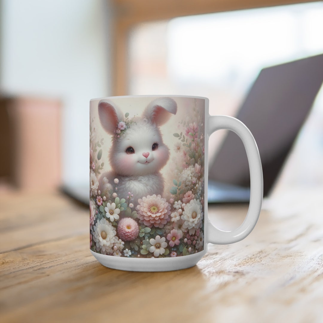Adorable Bunny Mug, Whimsical Cute Rabbit Floral Coffee Cup, Perfect ...