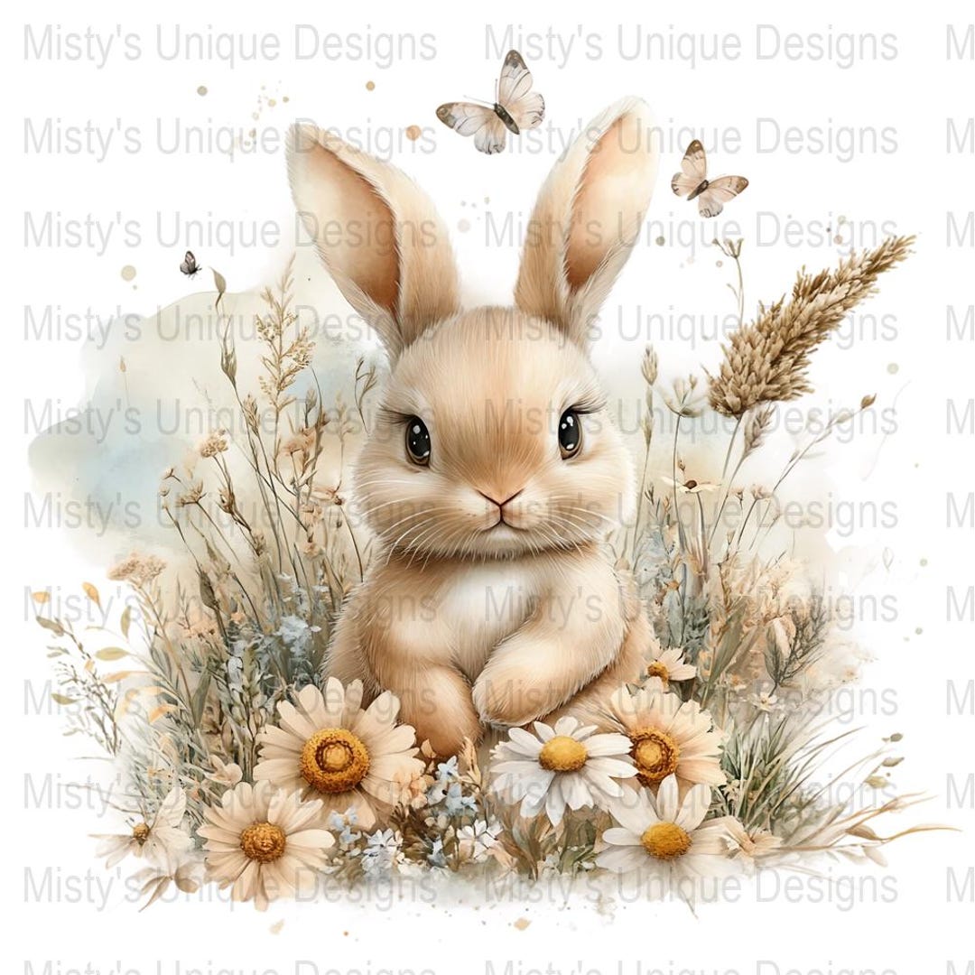 Cute Bunny Digital Download Clipart, Spring Bunny Art Print, Floral ...