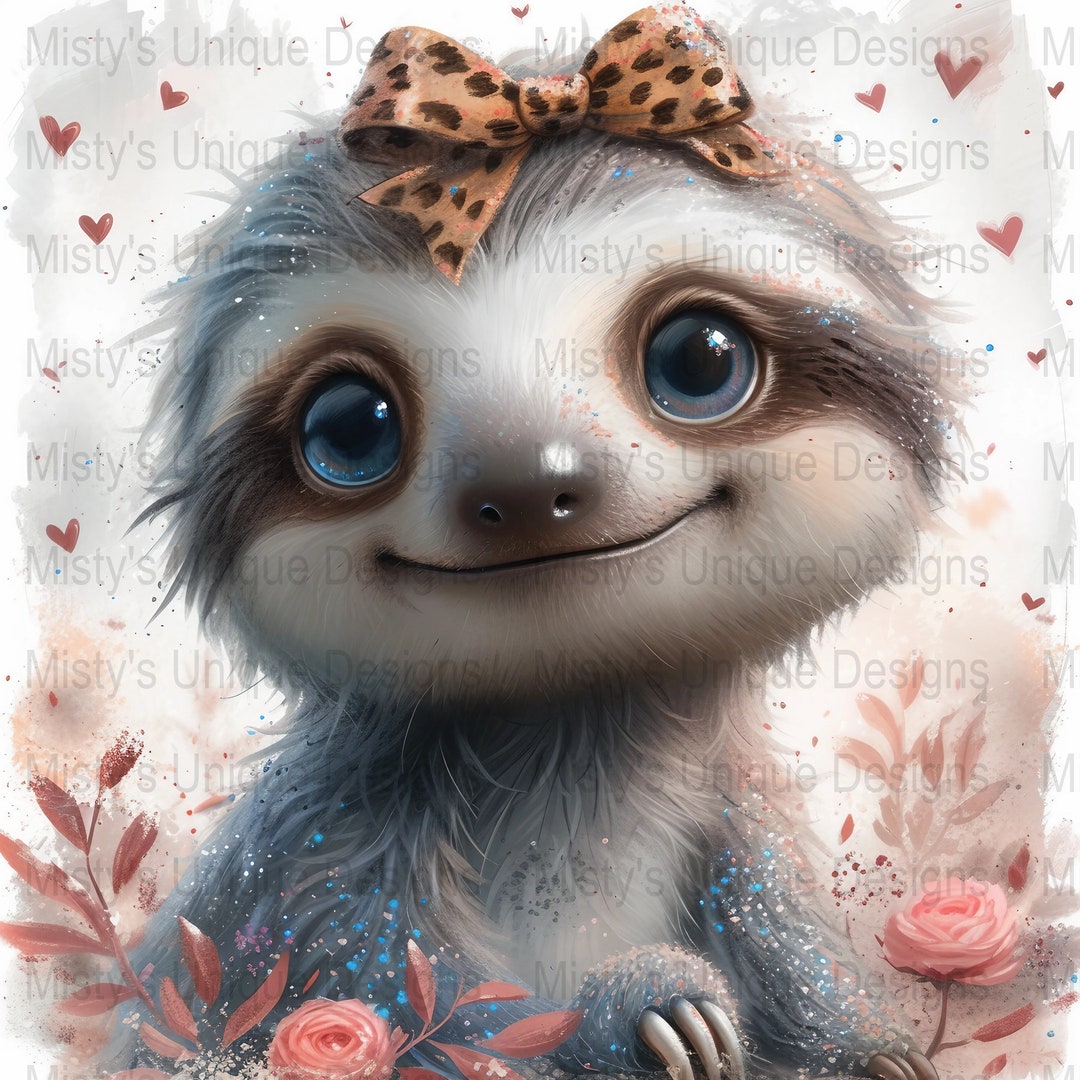 Cute Sloth Digital Paper, Adorable Animal PNG Download, Floral Bow ...