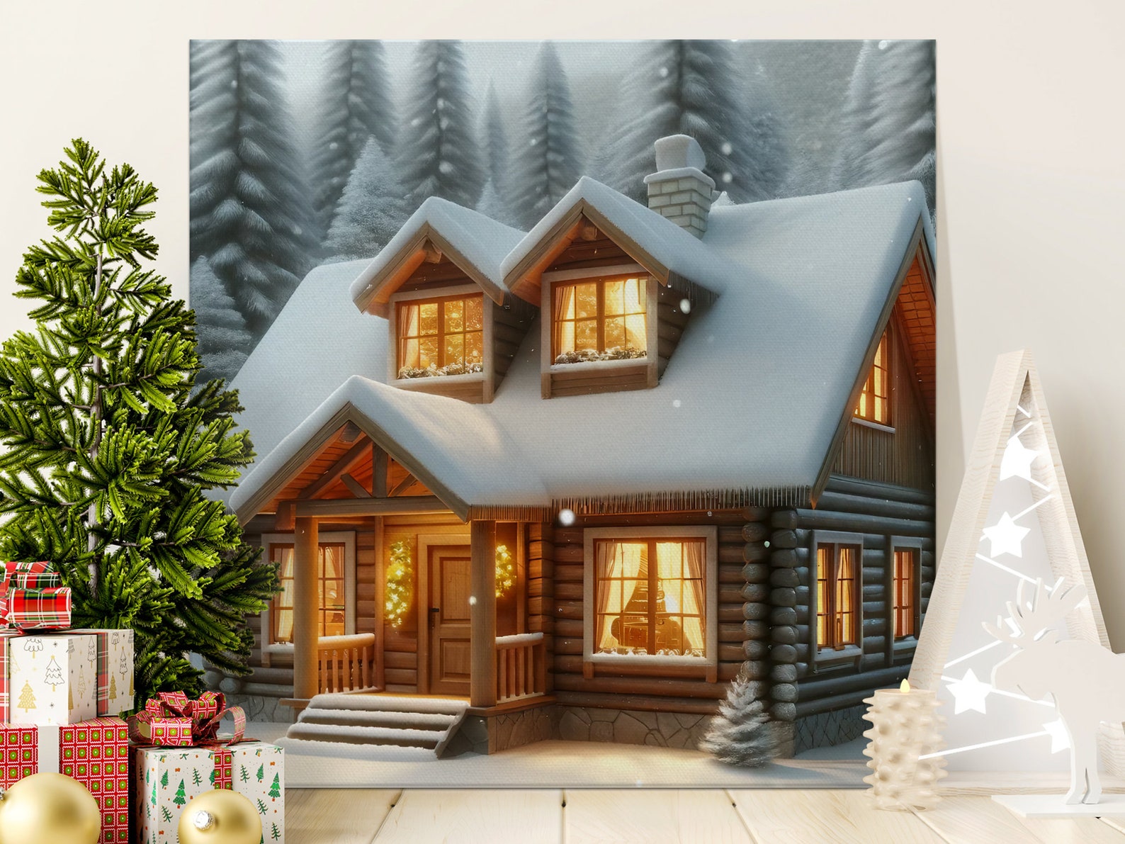 Dreamy Winter Cabin Scene PNG Download Digital Paper, Winter Background ...