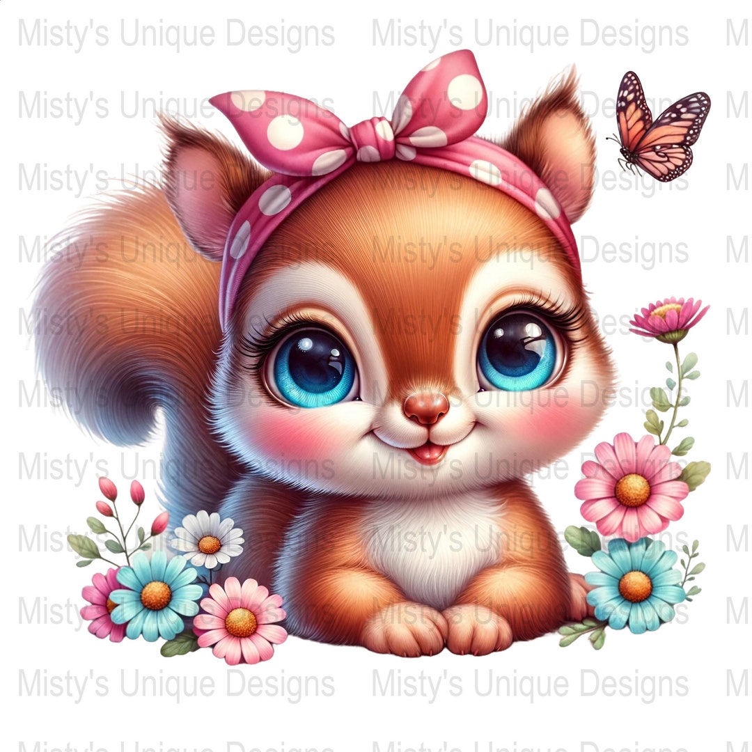 Cute Squirrel Clipart, Digital Download, Pink Bow, Flowers, Butterfly ...