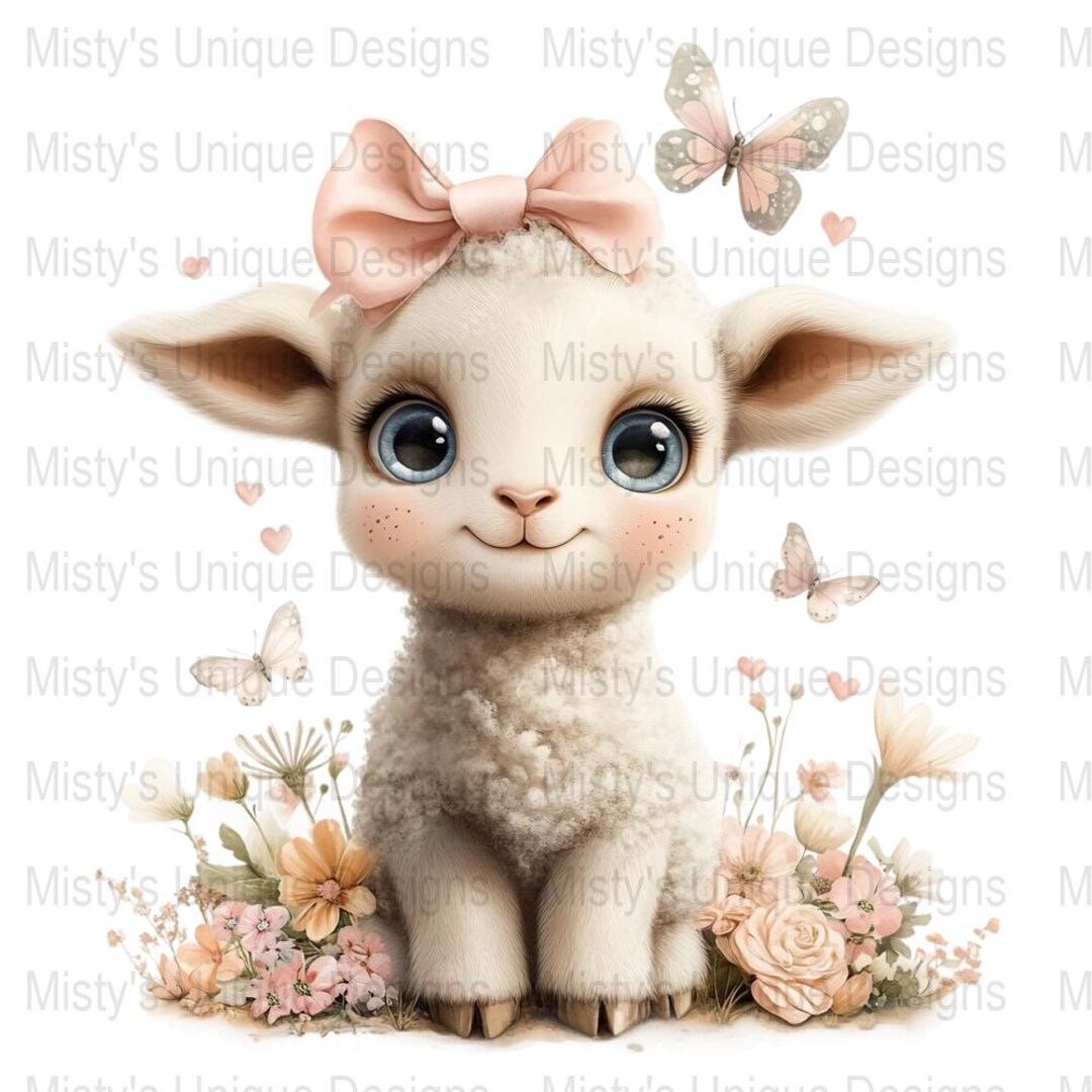 Cute Lamb Clipart, Pink Bow, Butterflies, Nursery Art (PNG Digital ...