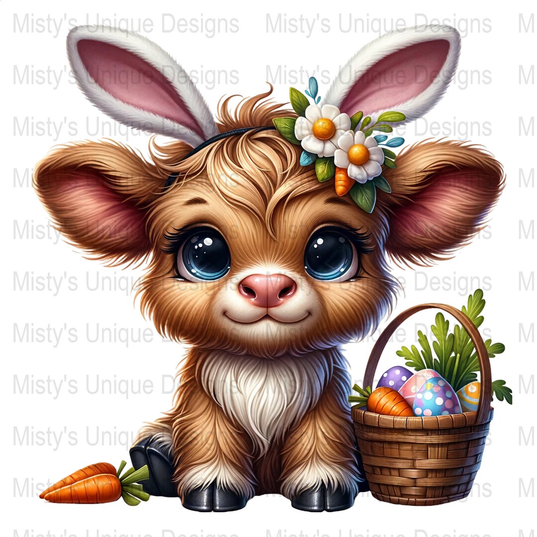 Easter Baby Highland Cow With Bunny Ears Clipart PNG, Cute Digital ...