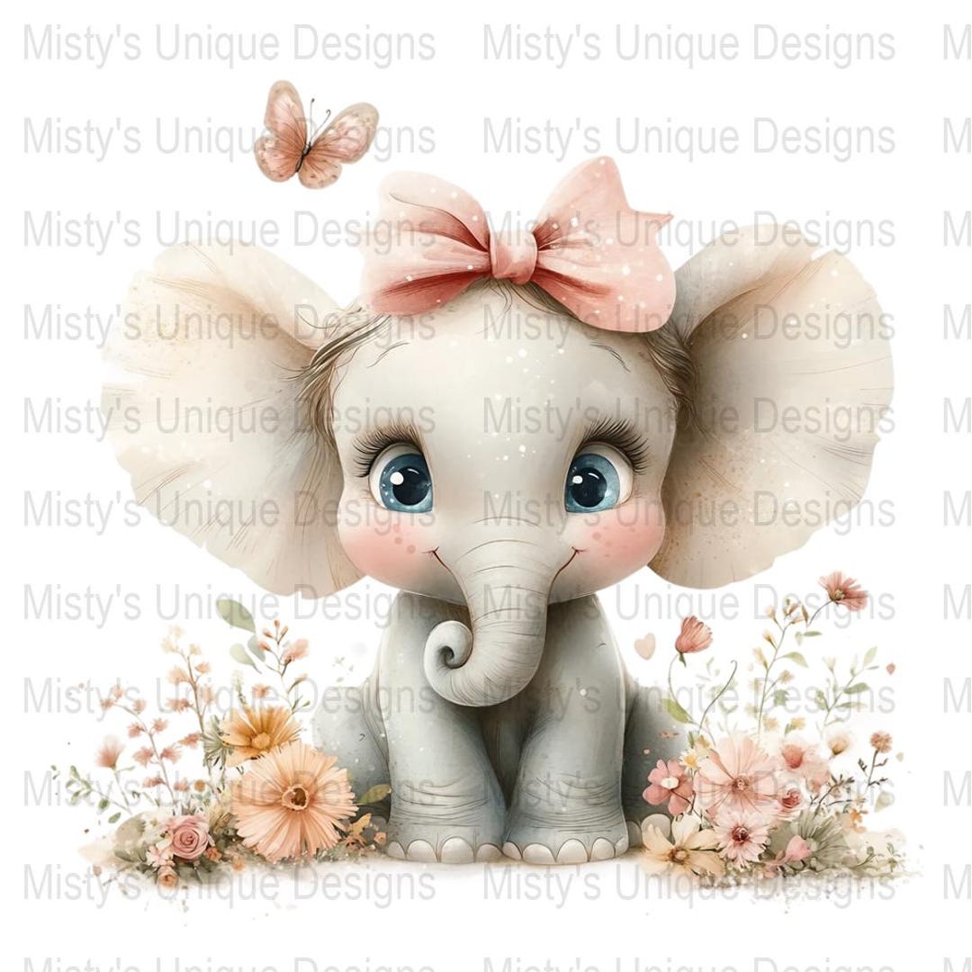 Cute Baby Elephant Clipart, Floral Elephant Illustration, Digital ...