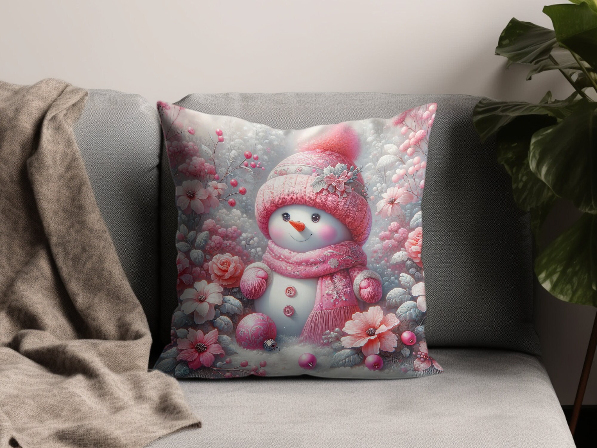 Pink Floral Winter Snowman Digital Paper, Cute Christmas Trees and ...