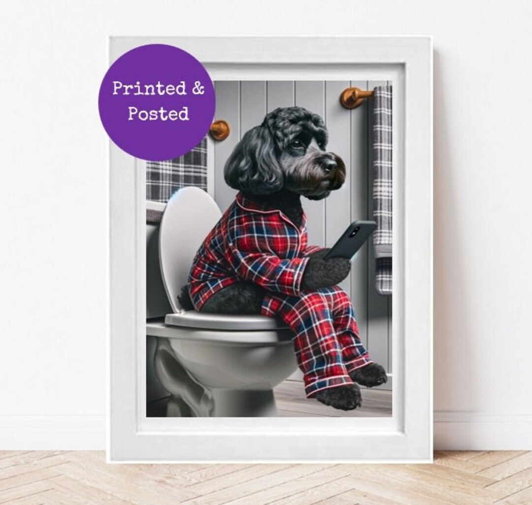 Black Cockapoo Sitting on Toilet on Mobile Phone Funny Cockerpoo Print ...