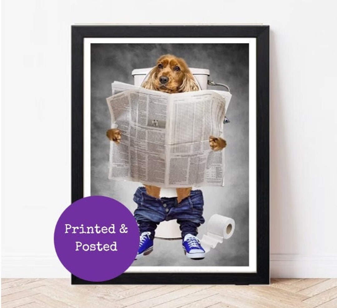 Golden Cocker Spaniel on Toilet Funny Bathroom Print Dog Picture En ...