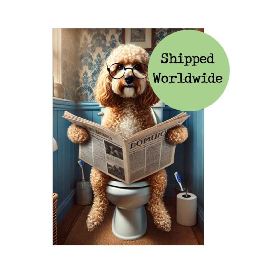 Cockerpoo Sitting on Toilet Reading Newspaper Print Cockapoo on Loo ...