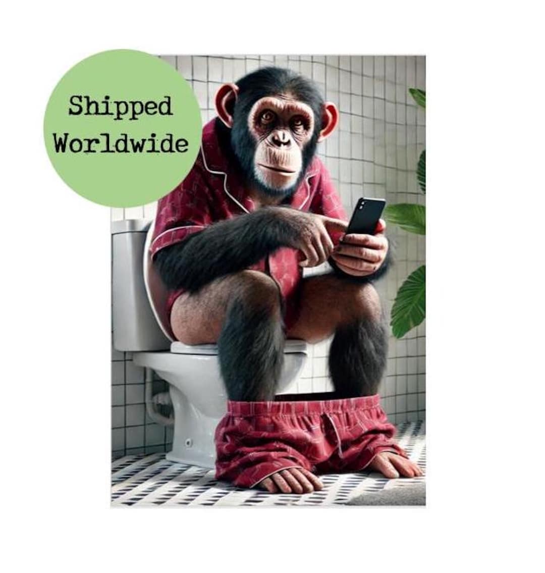 Chimp on Toilet Print - Monkey on Cell Phone Red Pyjamas Chimpanzee ...
