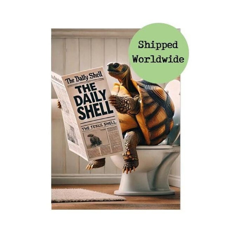Tortoise Sitting on Toilet Reading Newspaper Print Funny Turtle Picture ...