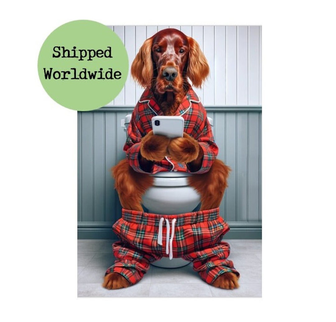 Red Irish Setter Sitting on Toilet Print - Dog on Mobile Phone - Funny ...