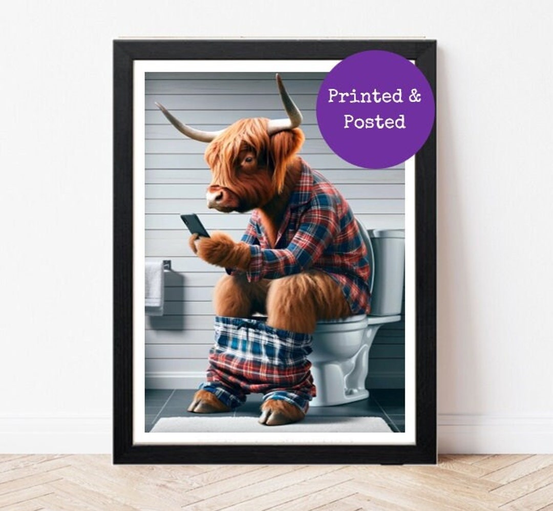Highland Cattle Sitting on Toilet on Mobile Phone Highland Cow Print ...