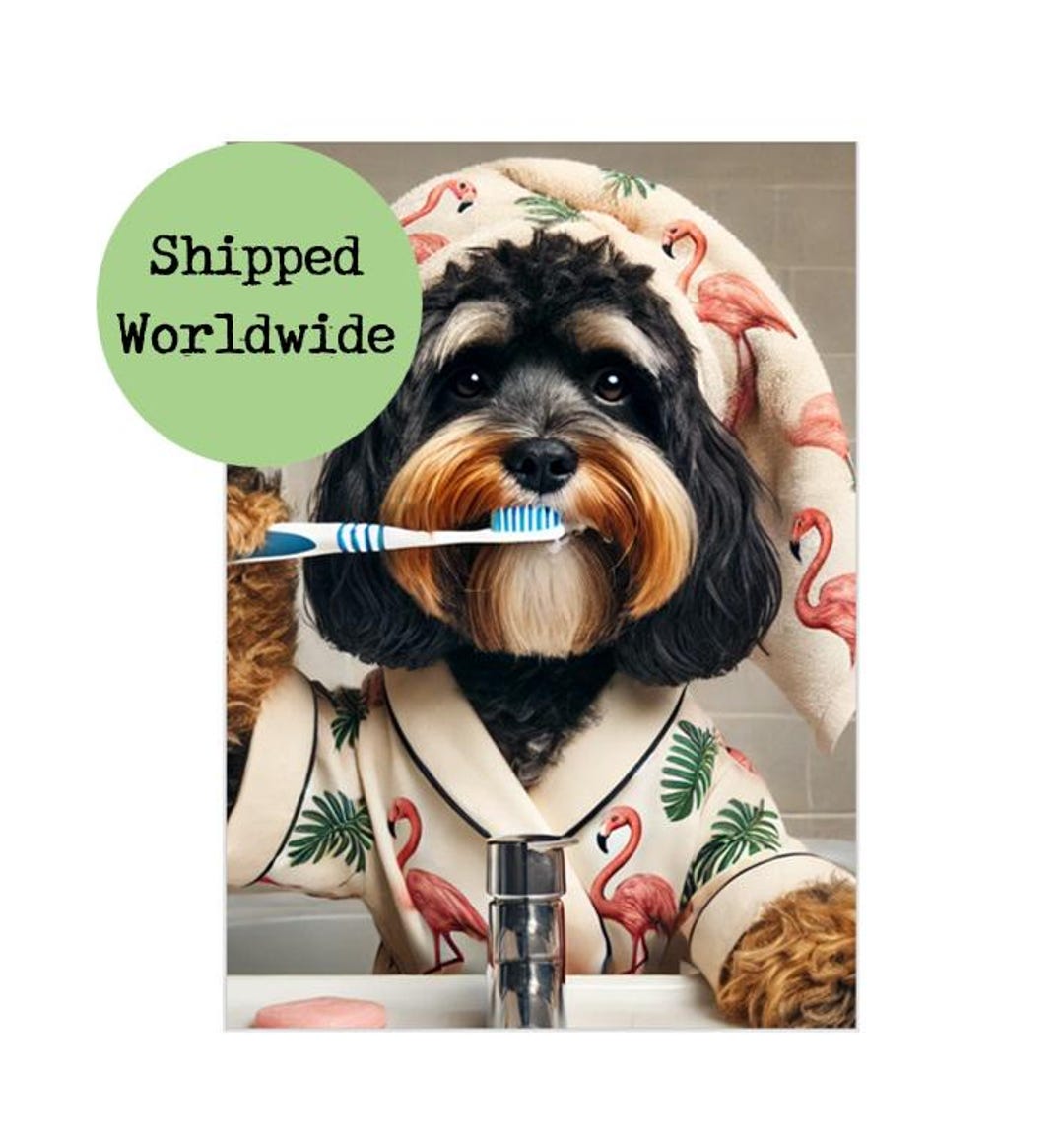 Black & Tan Cavapoo Bathroom Print Dog Brushing Teeth Animal in ...
