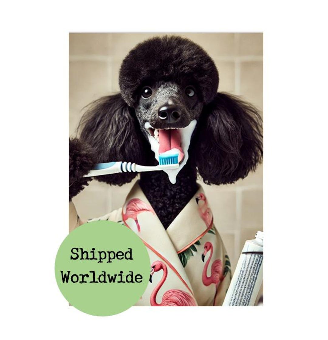 Black Poodle Bathroom Print Female Dog Brushing Teeth Animal in ...