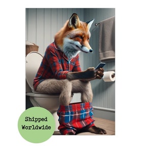 Fox on Toilet Print - Animal on Loo Picture - Animal Reading Newspaper ...