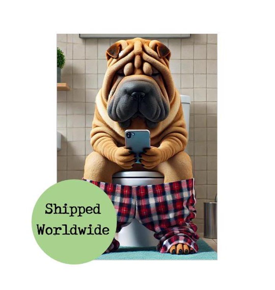 Brown Shar-pei on Toilet Print - Dog on Phone Red Tartan Pyjamas ...