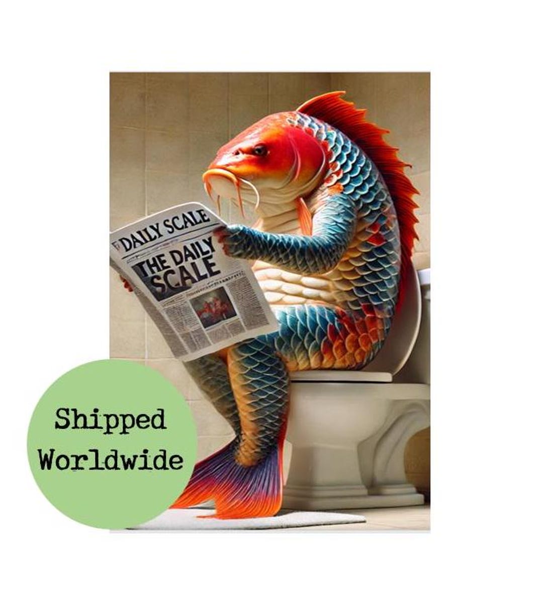 Koi Carp Sitting on Toilet Reading Newspaper Print Funny Fish Picture ...