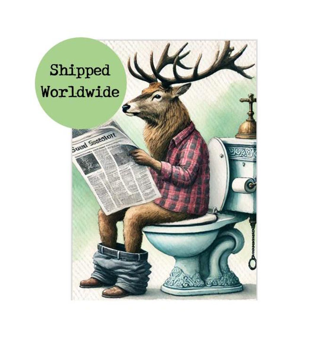 Stag Sitting on Toilet Reading Newspaper Print - Deer on Loo Picture ...