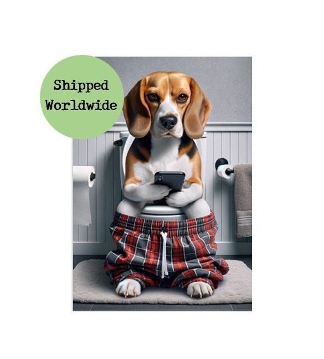 Beagle Sitting on Toilet With Mobile Phone Print Funny Dog With Cell ...