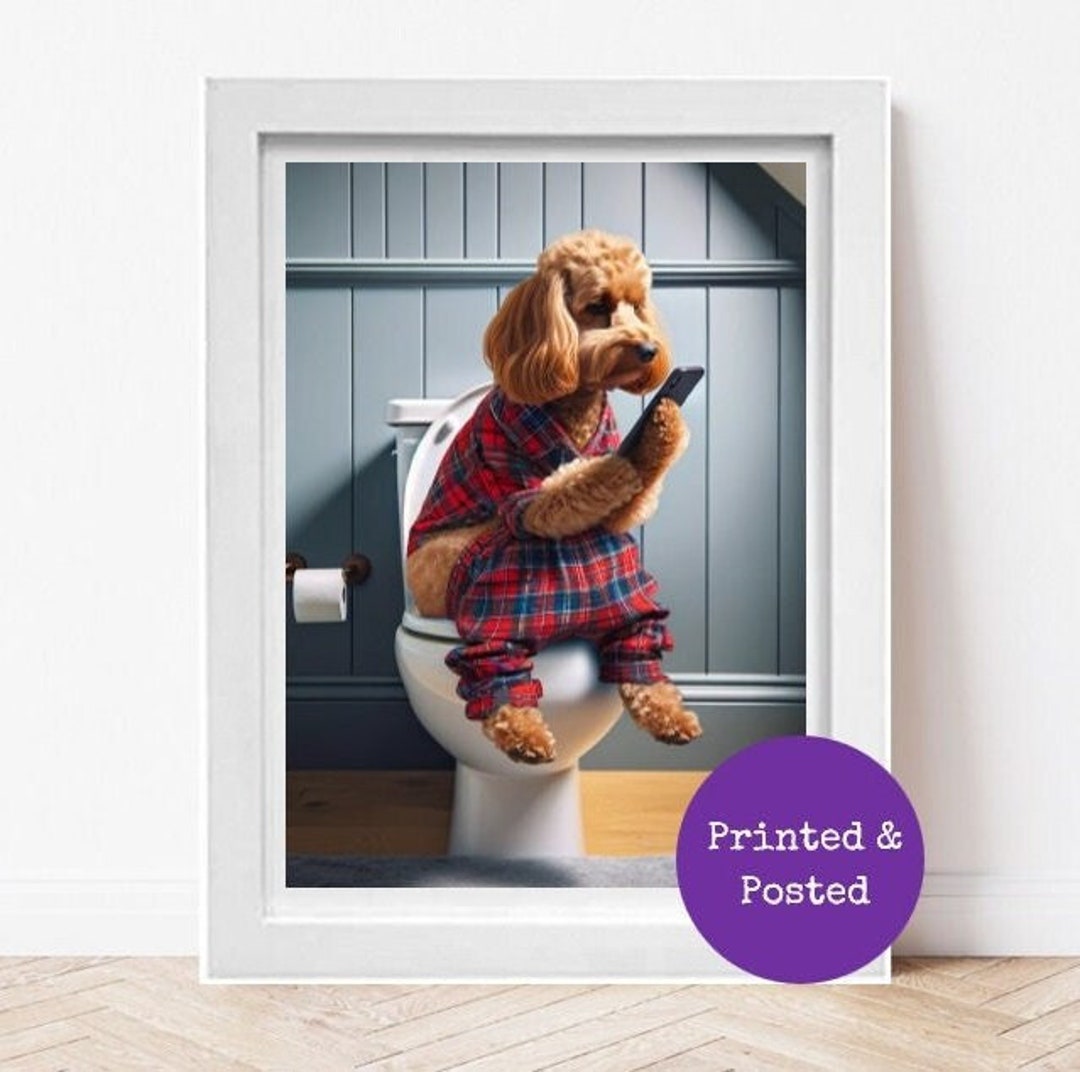 Red Apricot Cockapoo Sitting on Toilet on Mobile Phone Cockerpoo Print ...