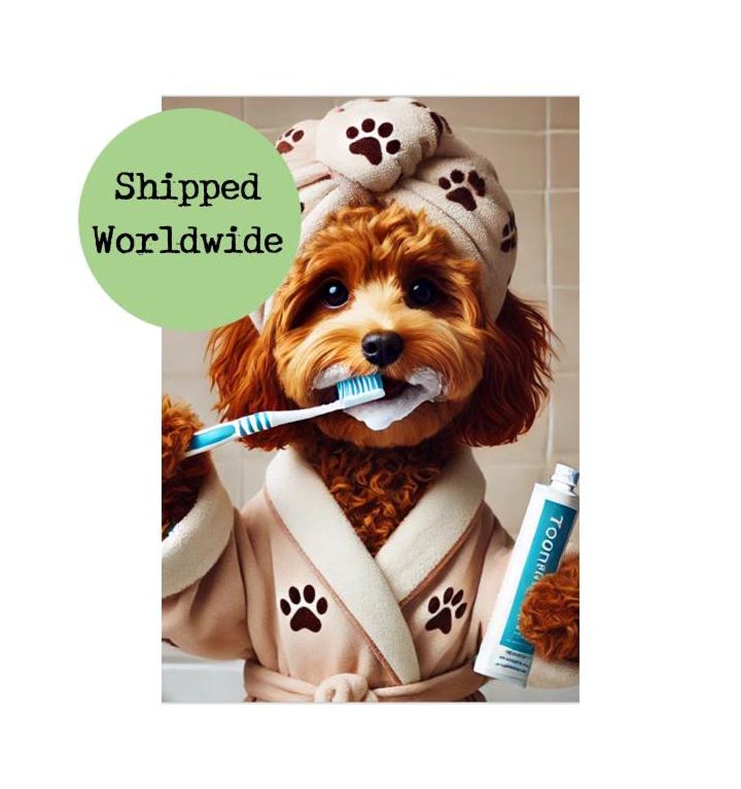 Ruby Cavapoo Bathroom Print Female Dog Brushing Teeth Animal in ...