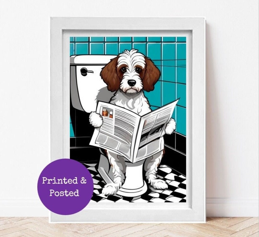Cockapoo Sitting on Toilet Reading Newspaper Brown and White Cockerpoo ...