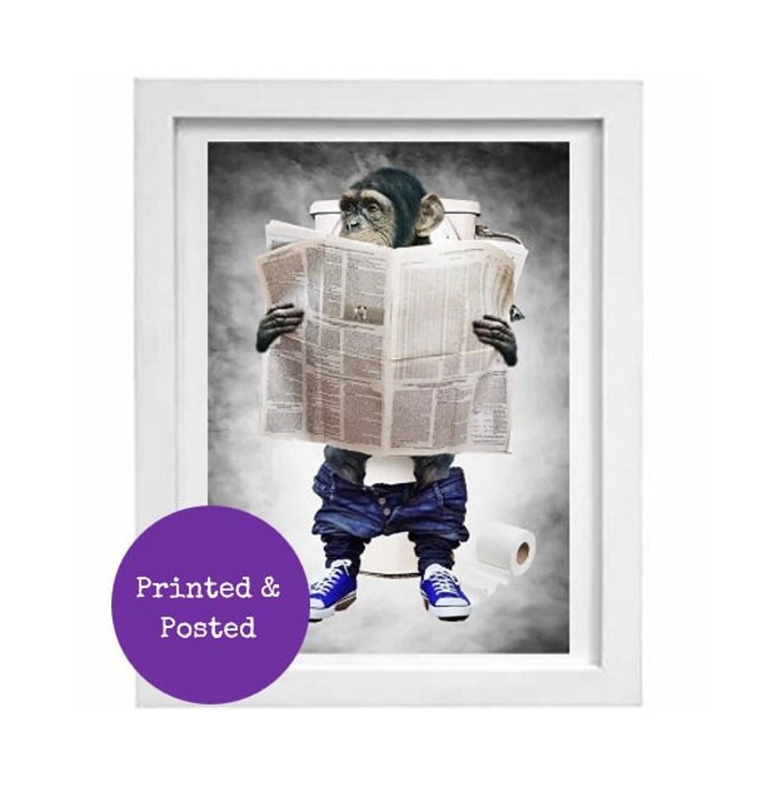 Chimp on Toilet Print Funny Monkey Picture Bathroom Wall Art Animal on ...