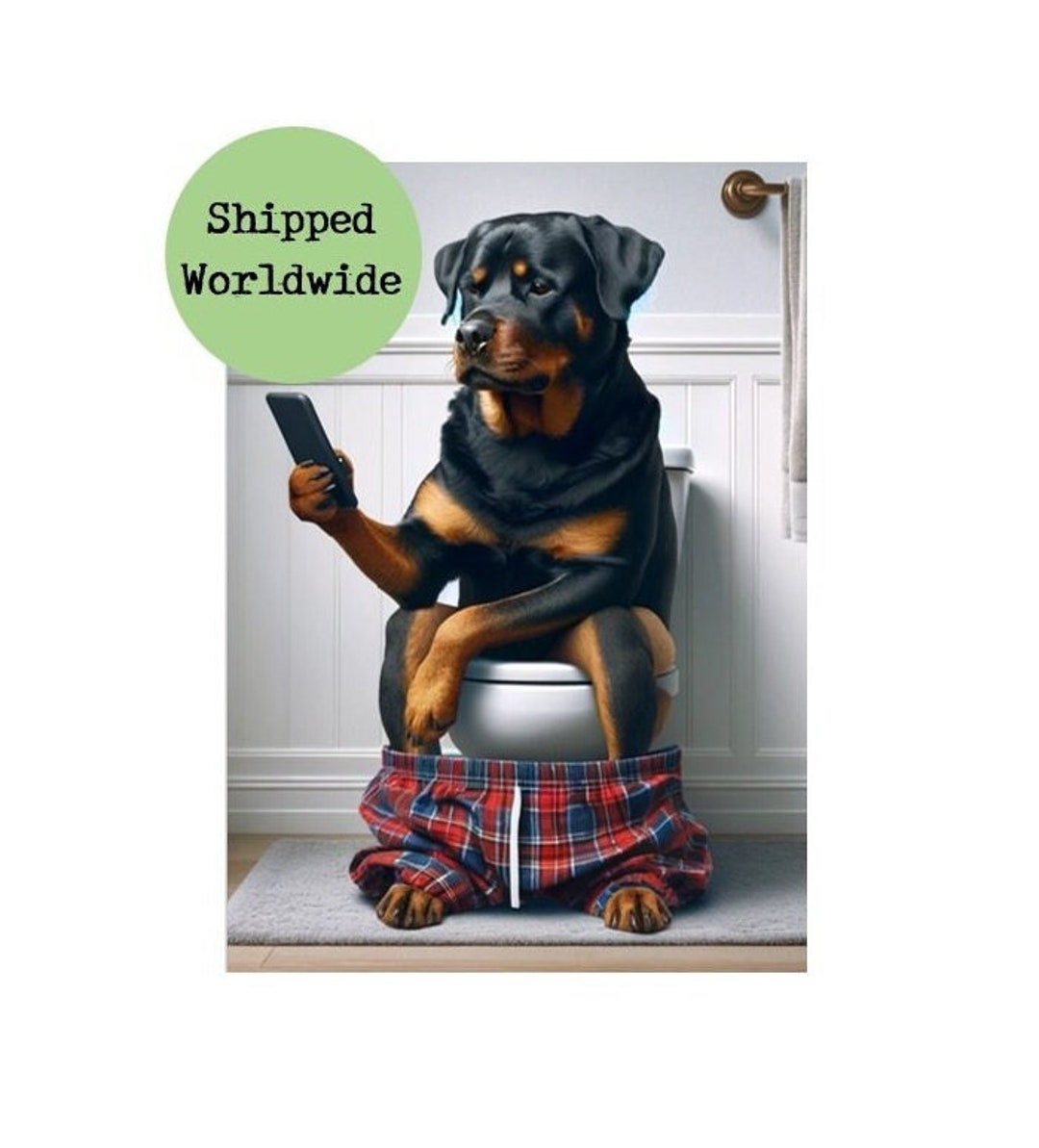 Rottweiler Sitting on Toilet With Mobile Phone Print - Rottie Rotty ...