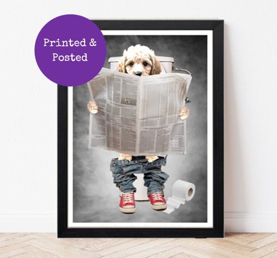 White Cream Cockerpoo Print Cockapoo on Toilet Funny Bathroom Wall Art ...