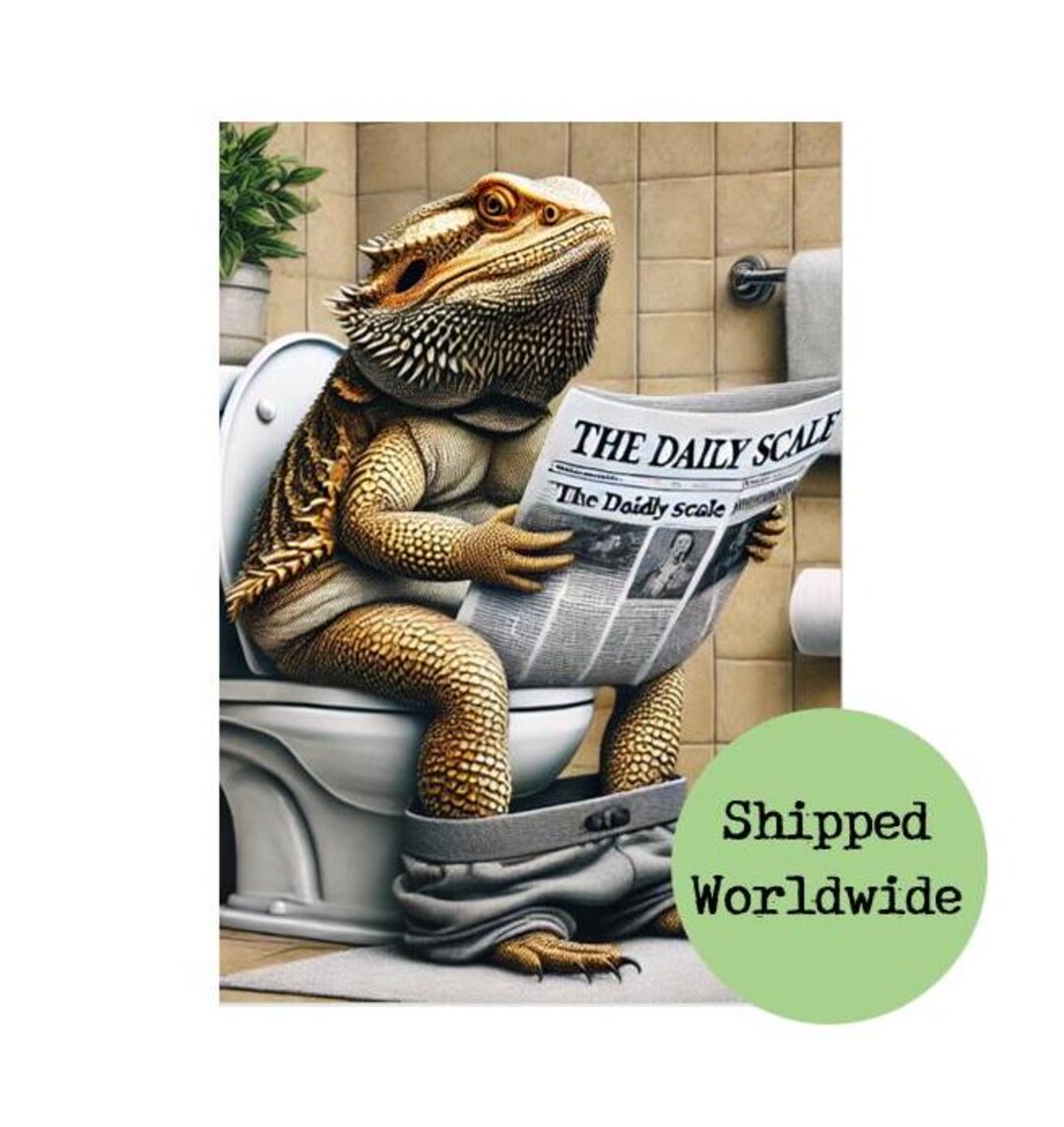 Bearded Dragon Sitting on Toilet Reading Newspaper Print Funny Lizard ...