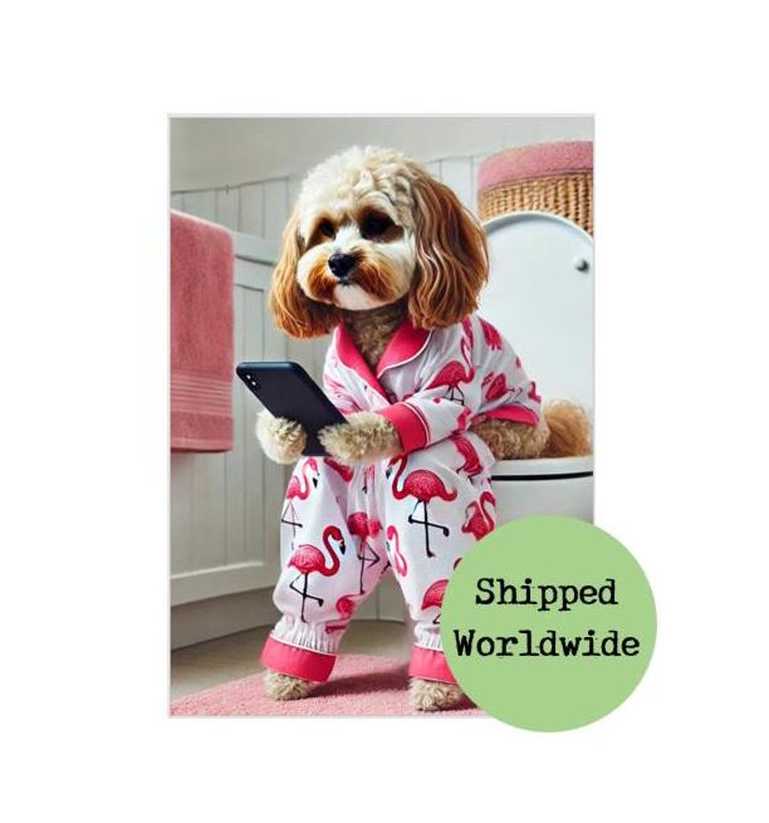 Cavapoo on Toilet Print - Girl Dog Pink Flamingo Pyjamas - Funny Female ...