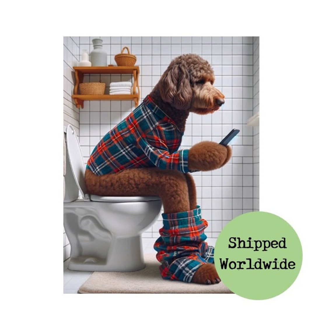 Chocolate Doodle on Toilet Texting on Mobile Phone Print Animal Sitting ...
