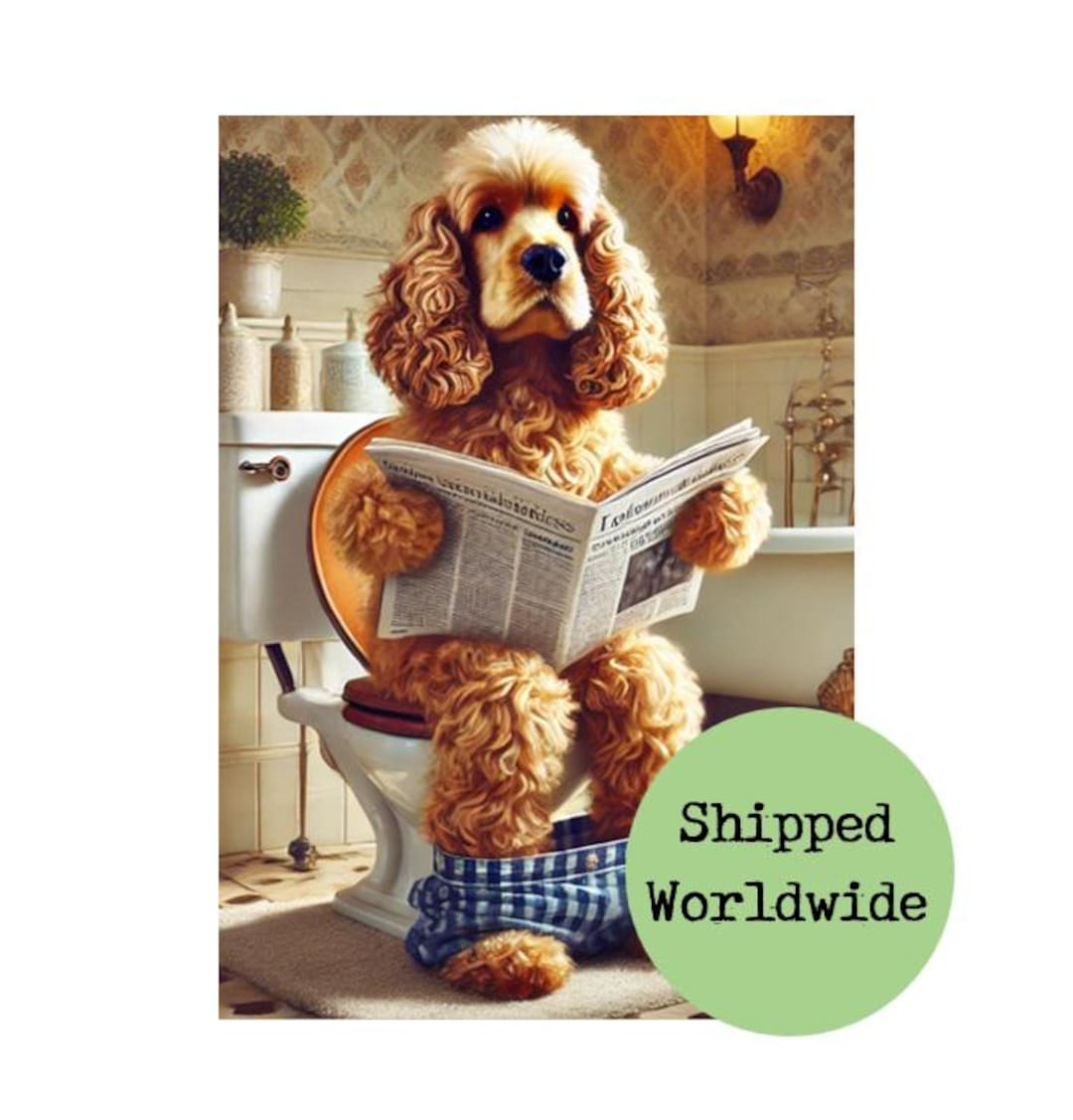 Golden Cocker Spaniel on Toilet Reading Newspaper Print Funny Dog ...