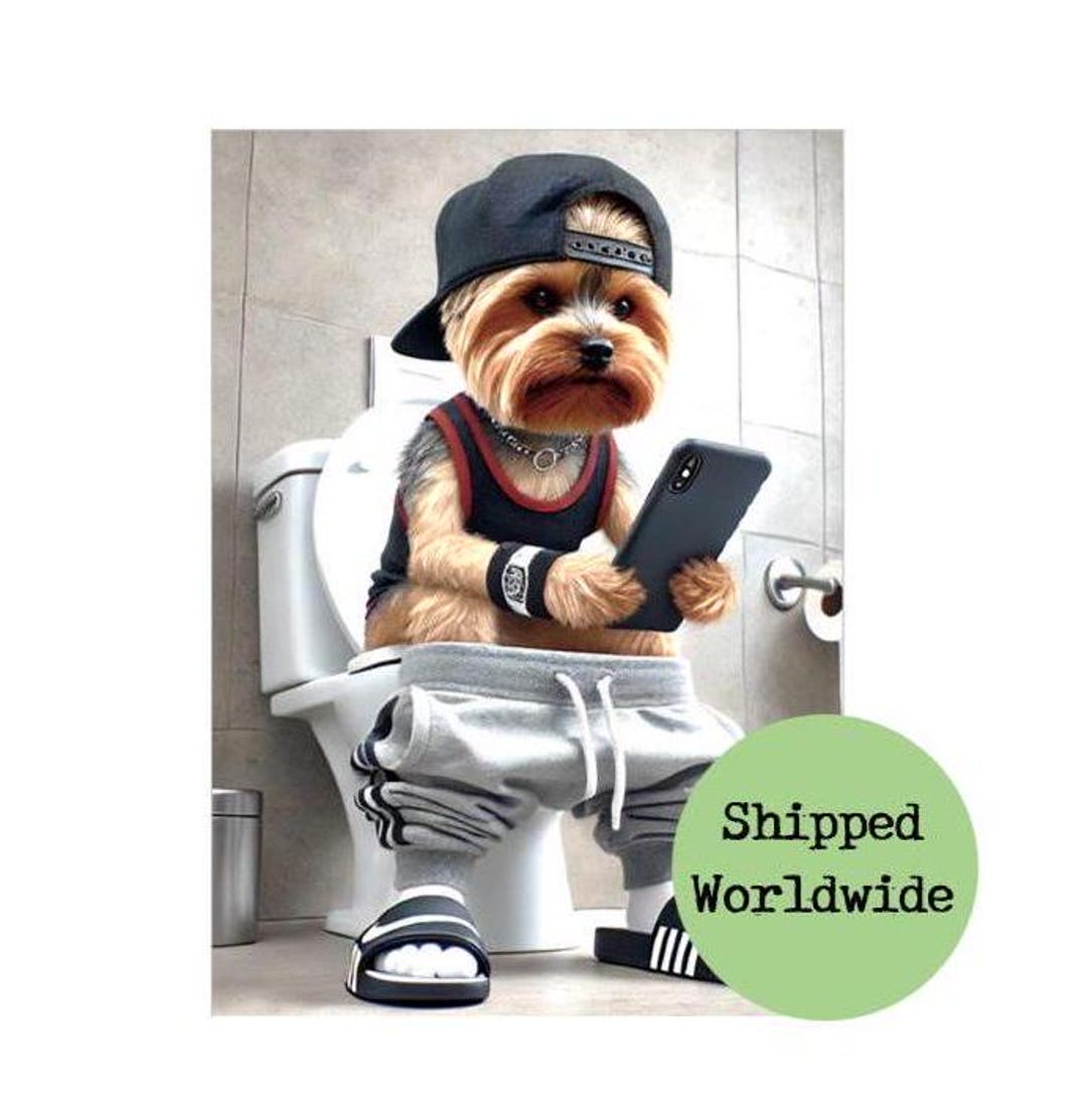 Yorkshire Terrier Sitting on Toilet With Mobile Phone Print - Cool ...