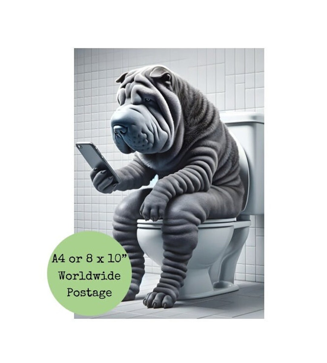 Funny Shar Pei Bathroom Print – Dog on Toilet Wall Art With Phone ...