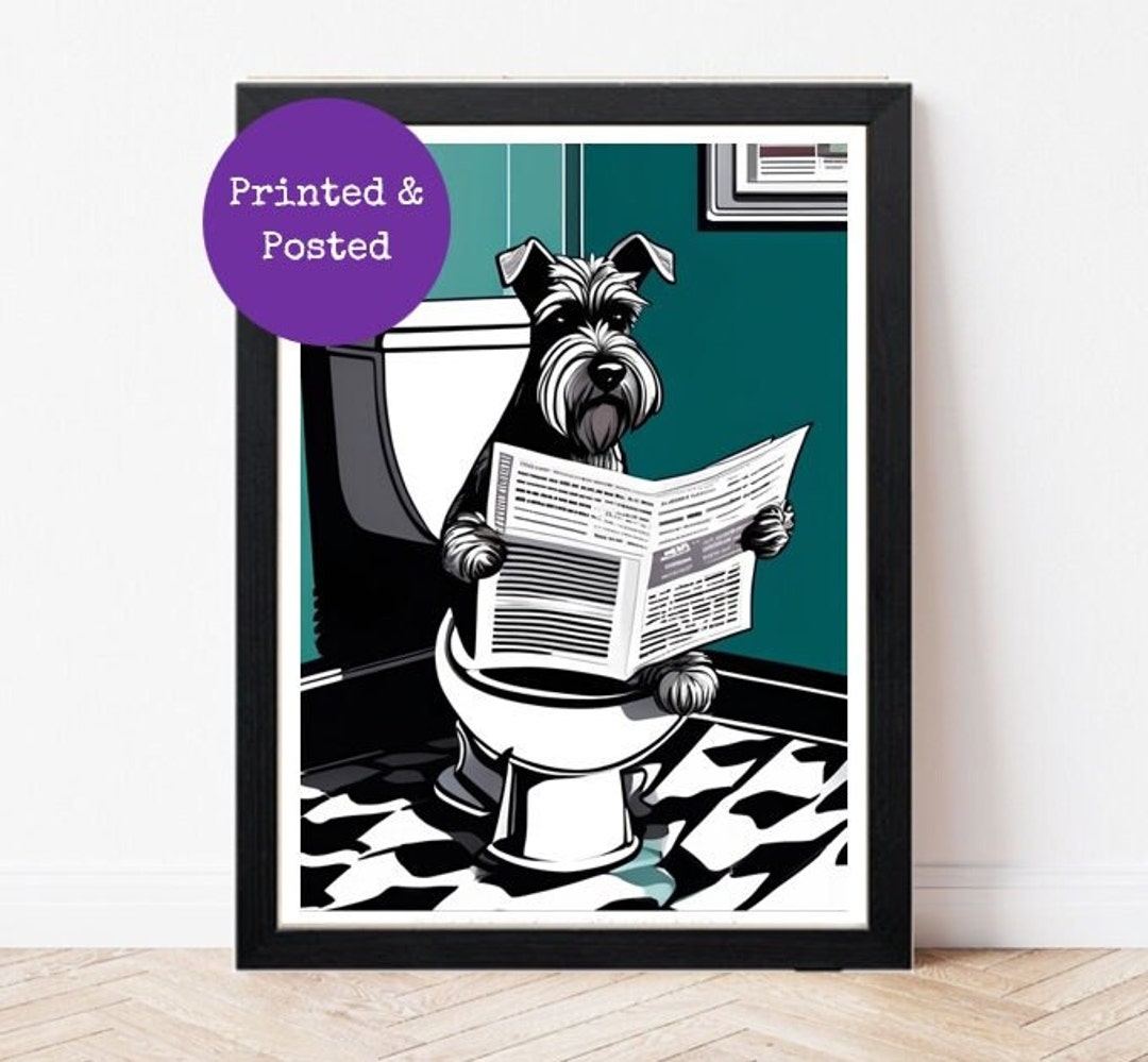 Schnauzer Sitting on the Toilet Reading Newspaper Funny Dog Print ...