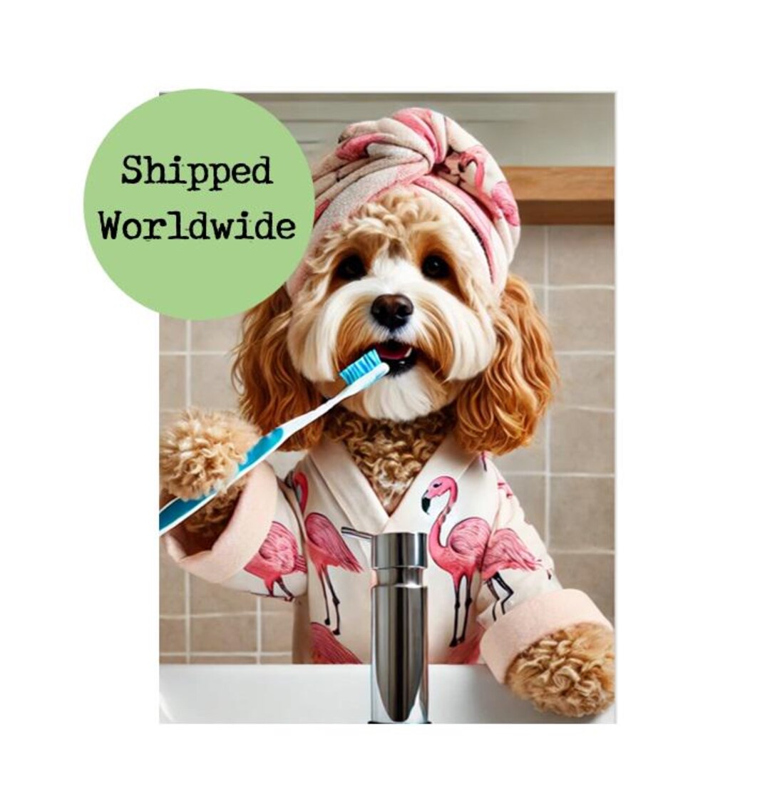 Cavapoo Bathroom Print Female Dog Brushing Teeth Animal in Flamingo ...