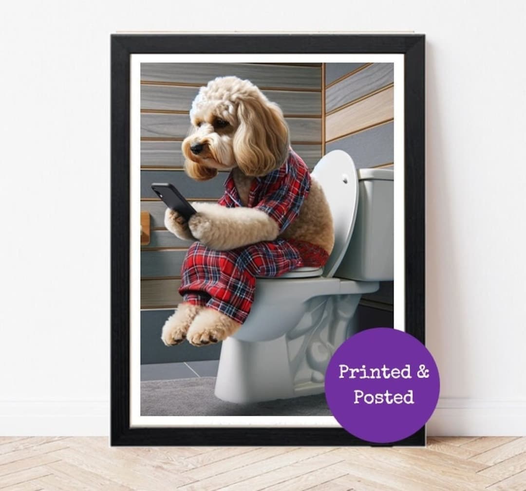Funny Cockapoo Sitting on Toilet on Mobile Phone Cockerpoo Print Dog ...