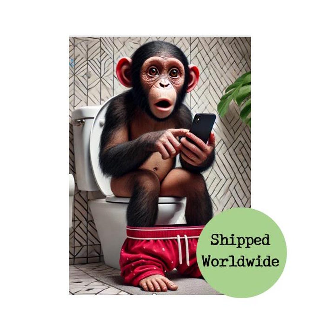 Cute Chimp on Toilet Print Monkey on Cell Phone Red Pyjamas Picture ...