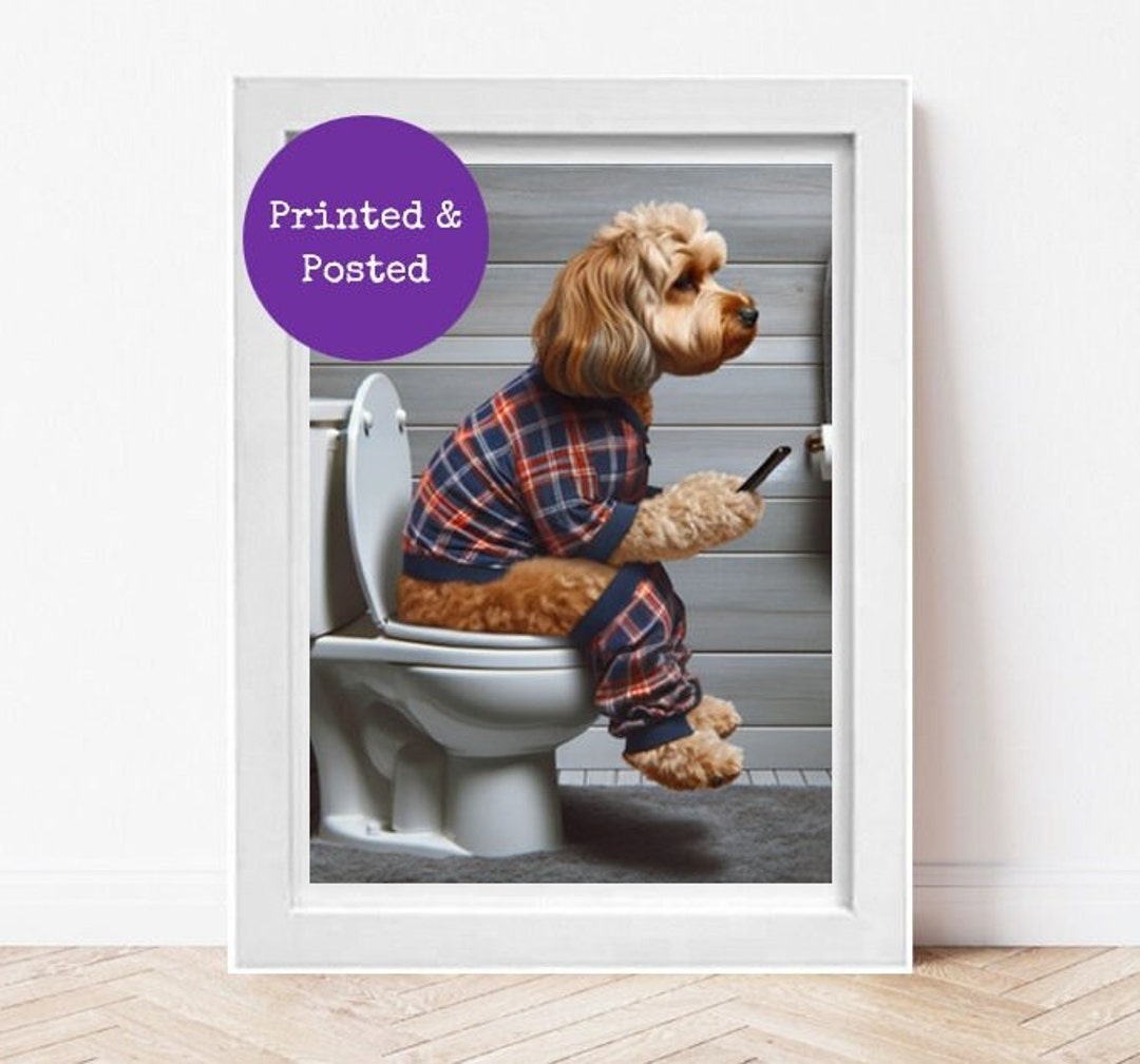 Funny Cavapoo Sitting on Toilet on Mobile Phone Cockerpoo Print Dog ...