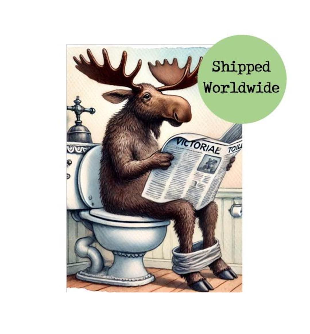 Moose Sitting on Toilet Reading Newspaper Print Stag on Loo Picture ...