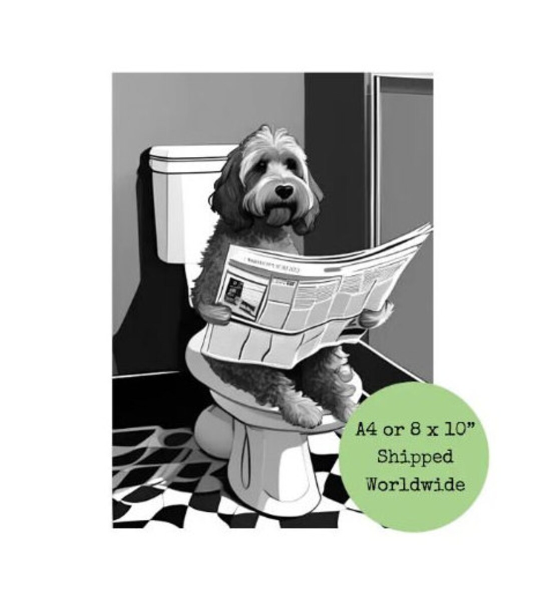 Black and White Cockapoo on Toilet Reading Newspaper Print - Cockerpoo ...