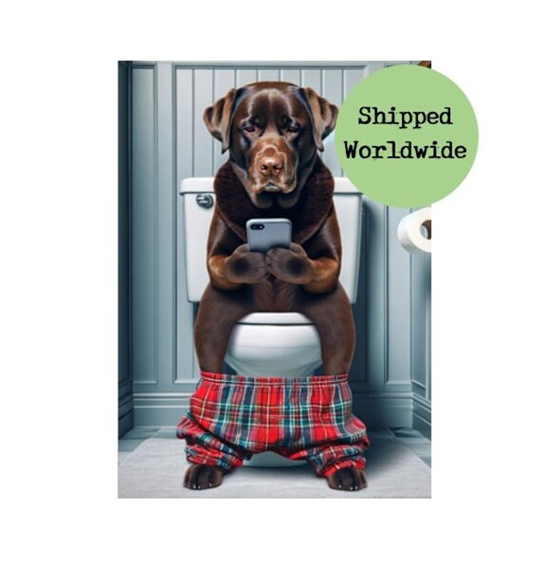Chocolate Labrador Sitting on Toilet With Mobile Phone Print Brown Lab ...