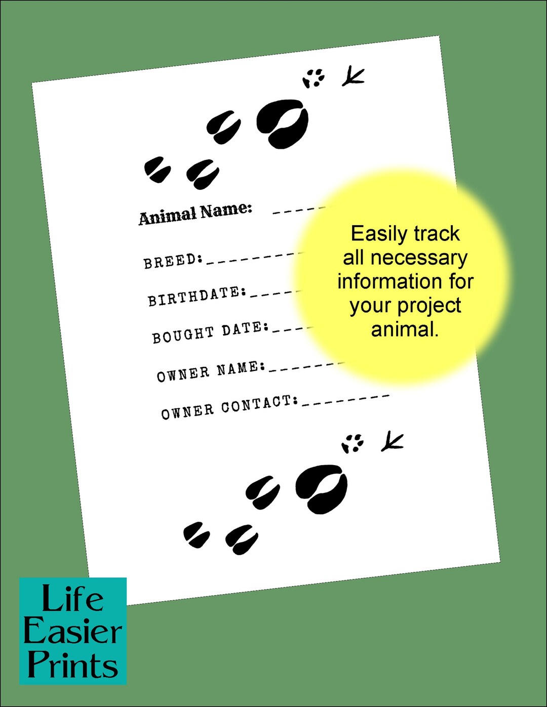 Full Sheet, Animal Project Tracking, 4H Project, FFA Project, 4H Animal ...