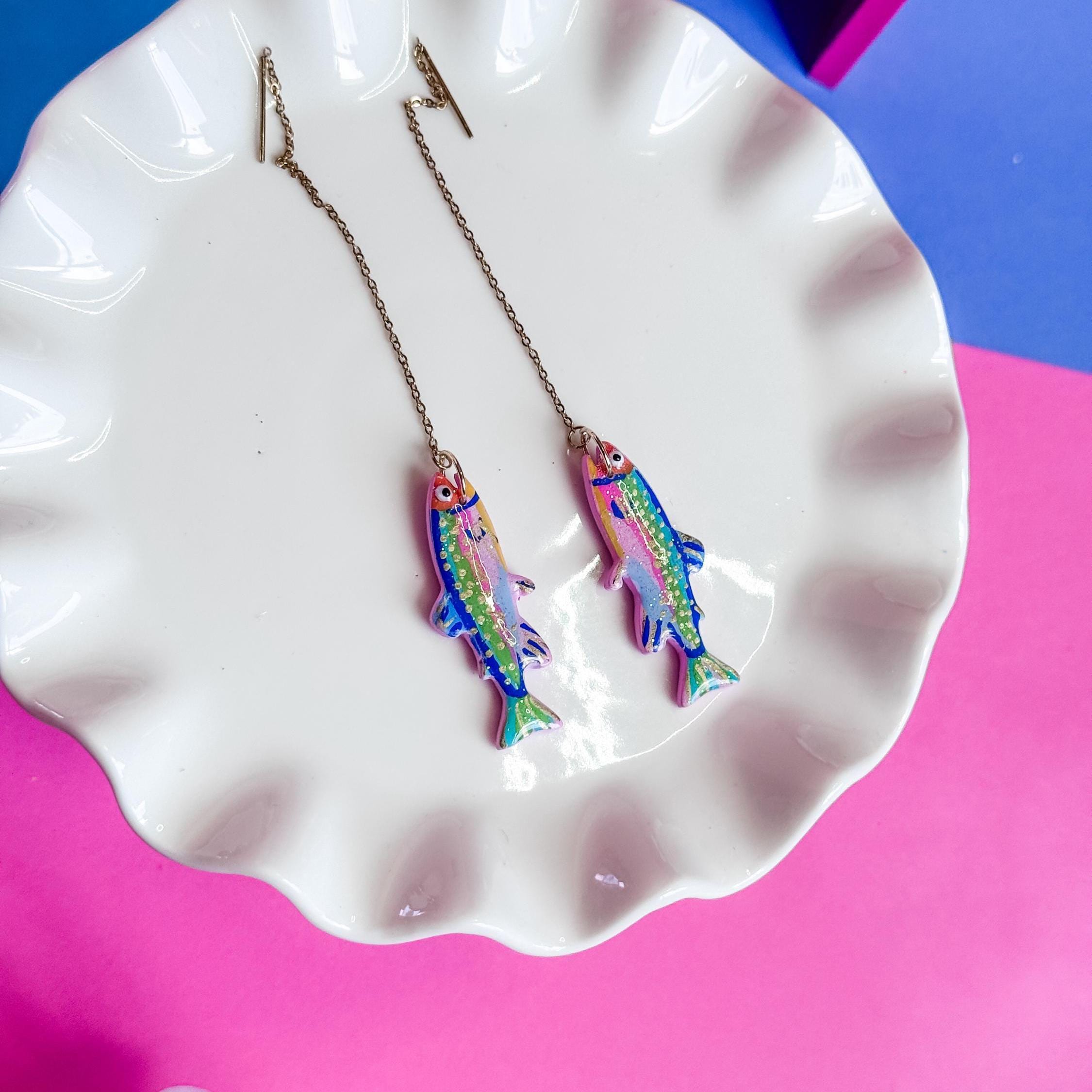 Rainbow Trout Earrings: Ocean Inspired Jewelry (lightweight, Gold Chain ...