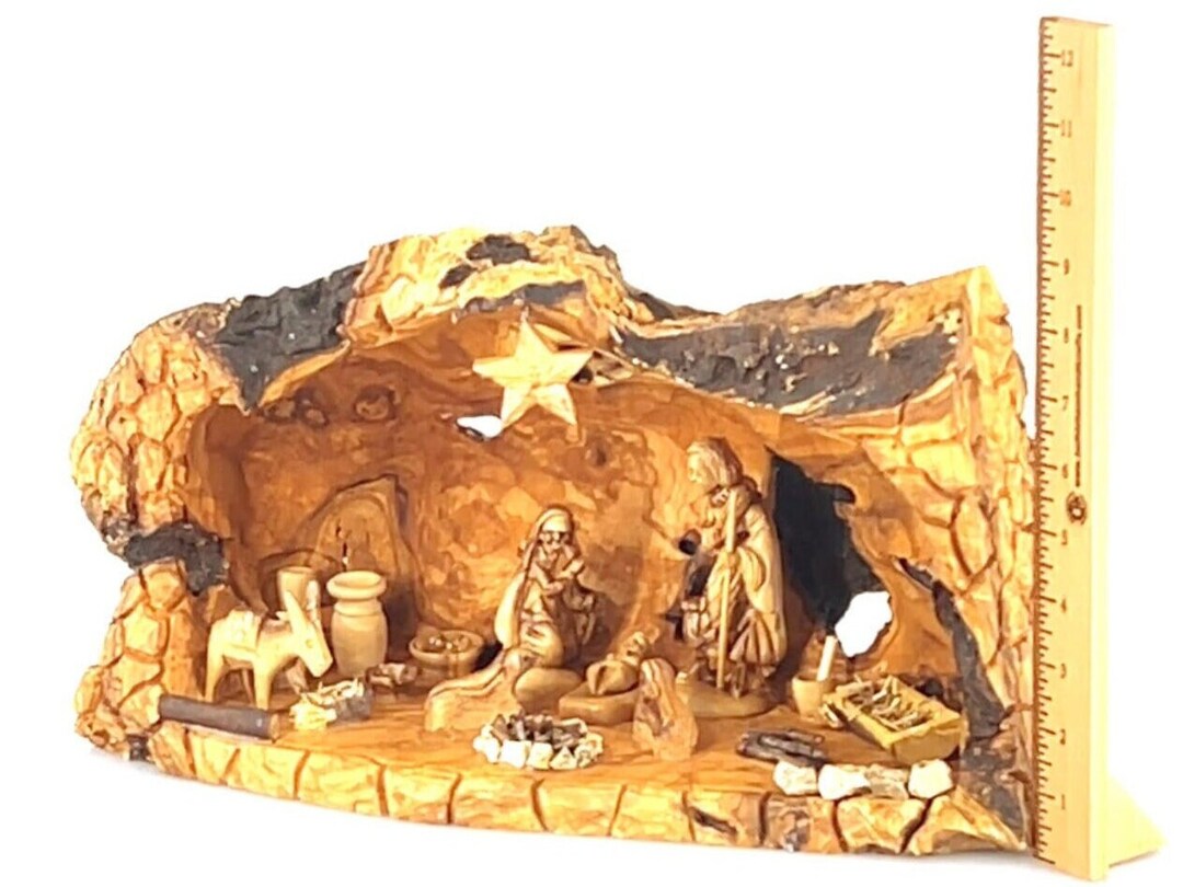 Rustic Nativity Scene Carved in Natural Olive Wood With Bark, Handmade ...