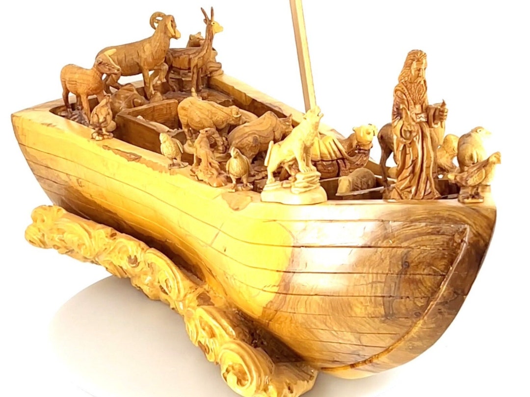 Noah's Ark, Animal Figurines on Boat, Large Wood Sculpture, Old ...