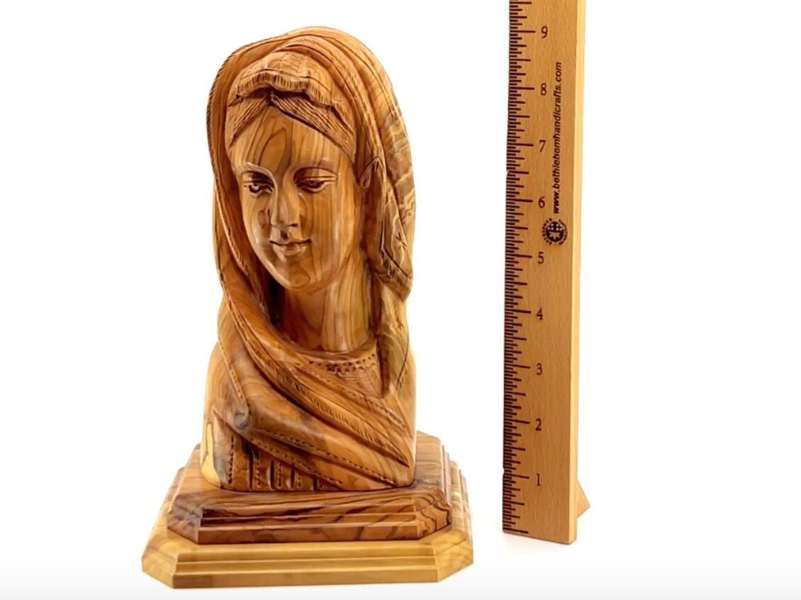 Virgin Mary Bust Carving, 9.1" Head Carving From Holy Land Olive Wood ...